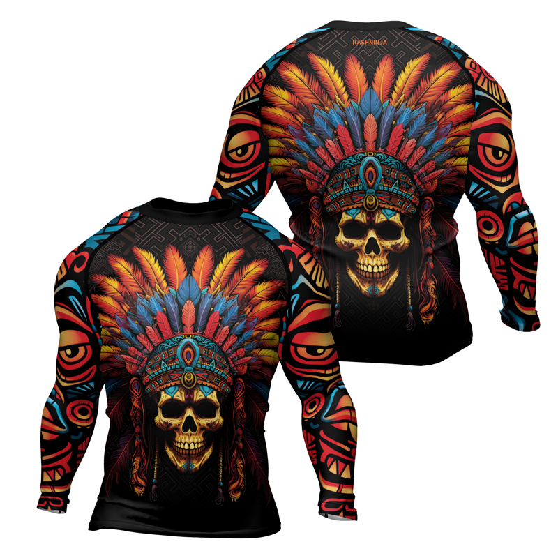 Rashninja Aztec Chieftain Skull Men's Long Sleeve Rash Guard |Aztec