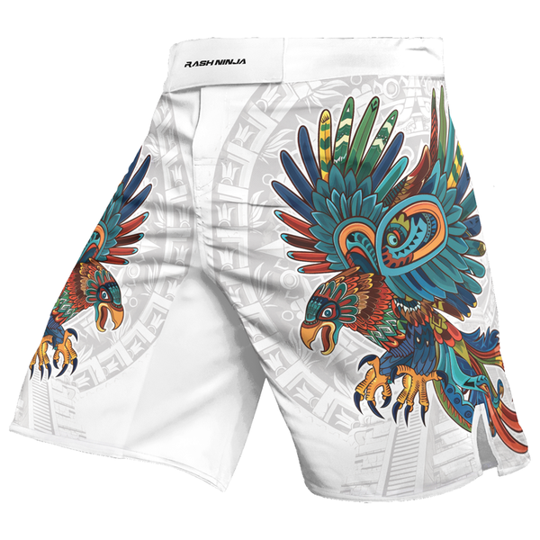 Rashninja White Aztec Hunting Eagle Men's Fight Shorts | MMA Shorts