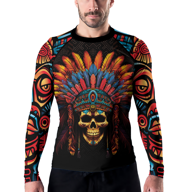 Rashninja Aztec Chieftain Skull Men's Long Sleeve Rash Guard |Aztec