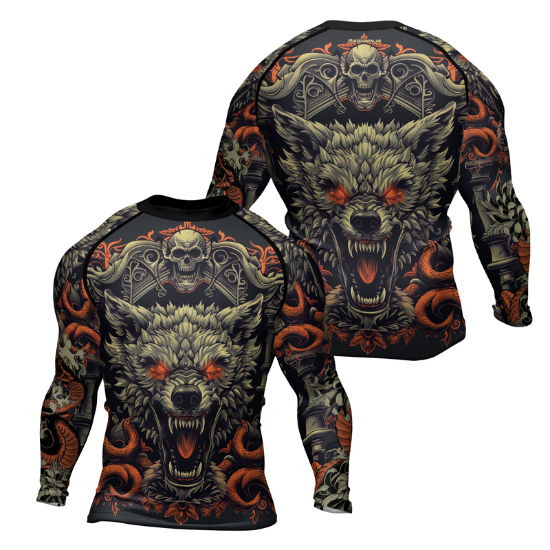 Rashninja Fanged Wolf with Skull Men's Long Sleeve Rash Guard