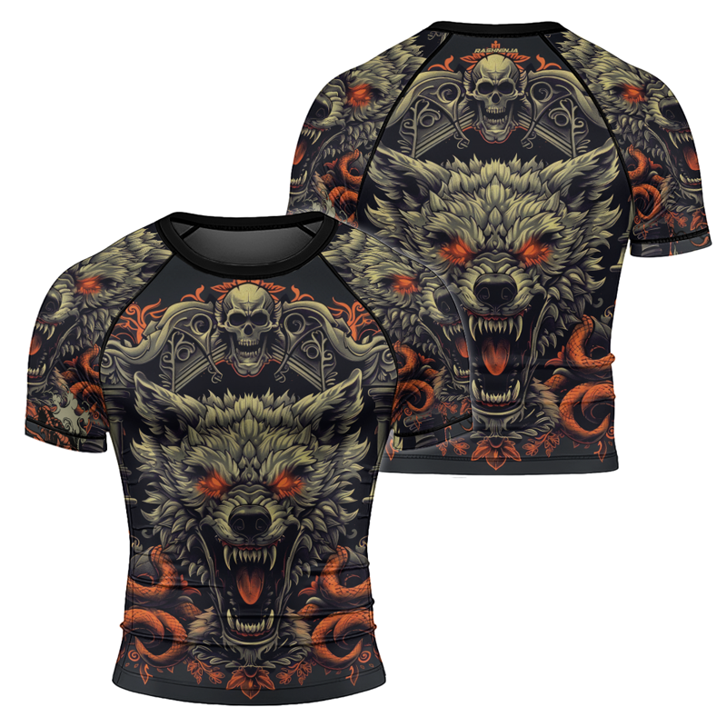 Rashninja Fanged Wolf with Skull Men's Short Sleeve Rash Guard