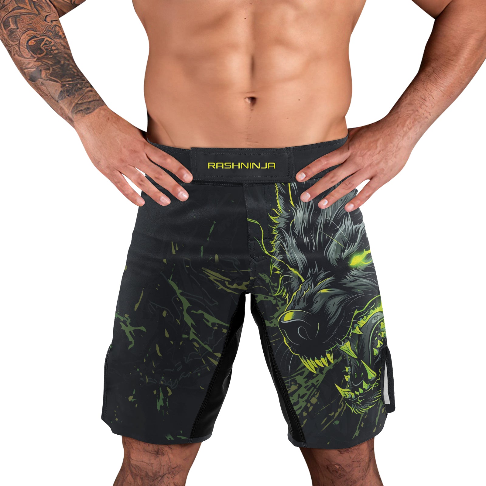 Rashninja Neon Snarling Wolf Men's Fight Shorts | Wolf MMA Shorts