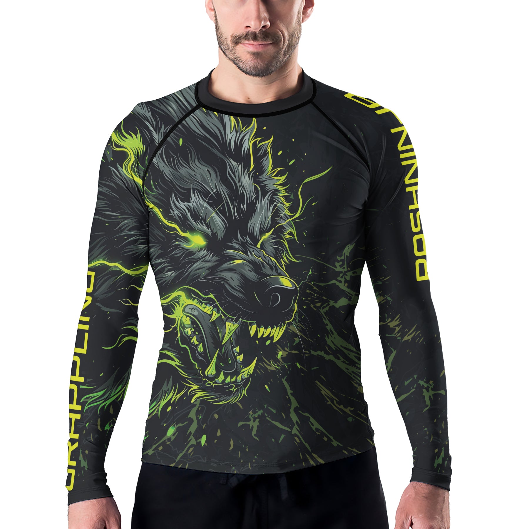 Rashninja Neon Snarling Wolf Men's Long Sleeve Rash Guard | Rash Guard
