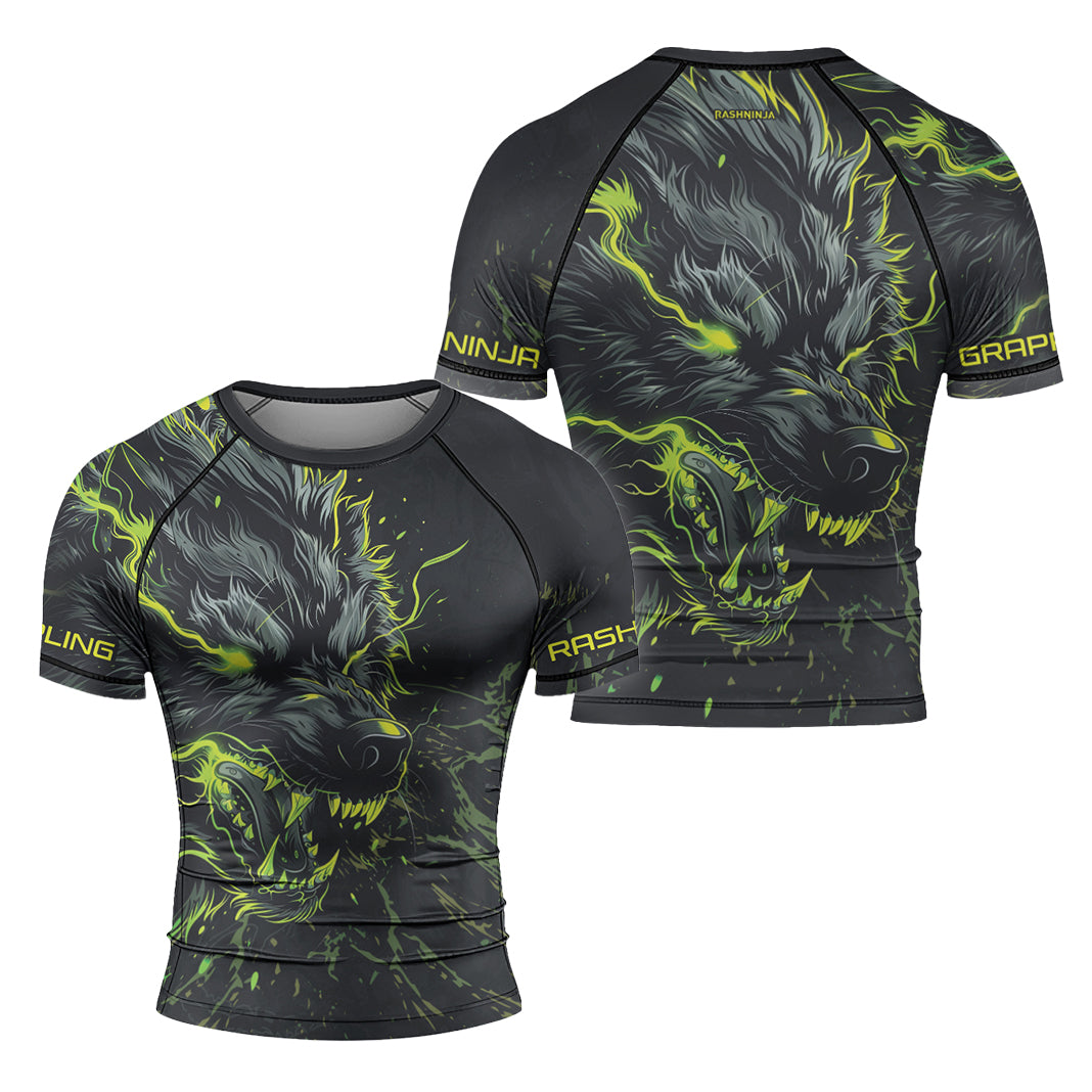 Rashninja Neon Snarling Wolf Men's Short Sleeve Rash Guard |Rash Guard