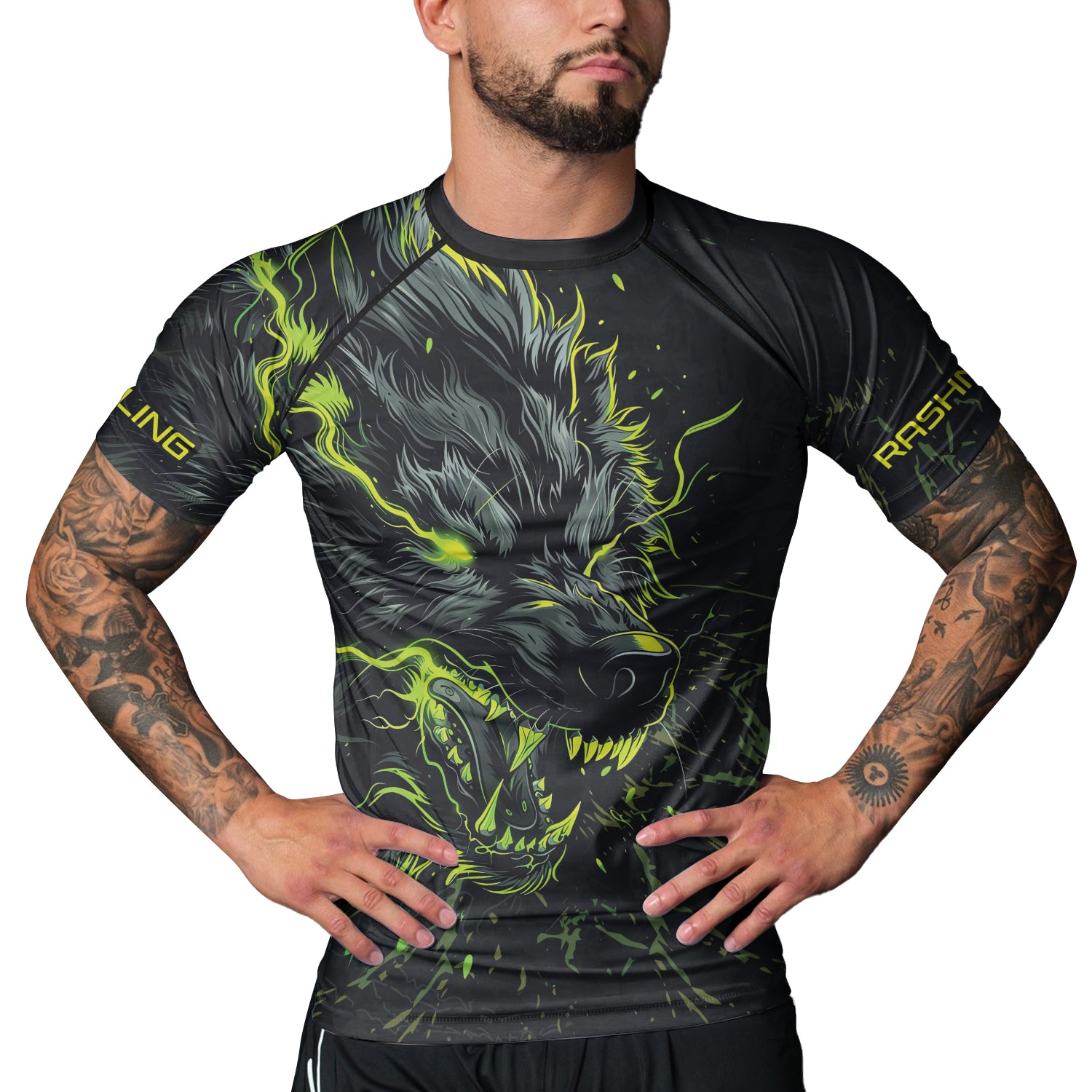 Rashninja Neon Snarling Wolf Men's Short Sleeve Rash Guard |Rash Guard
