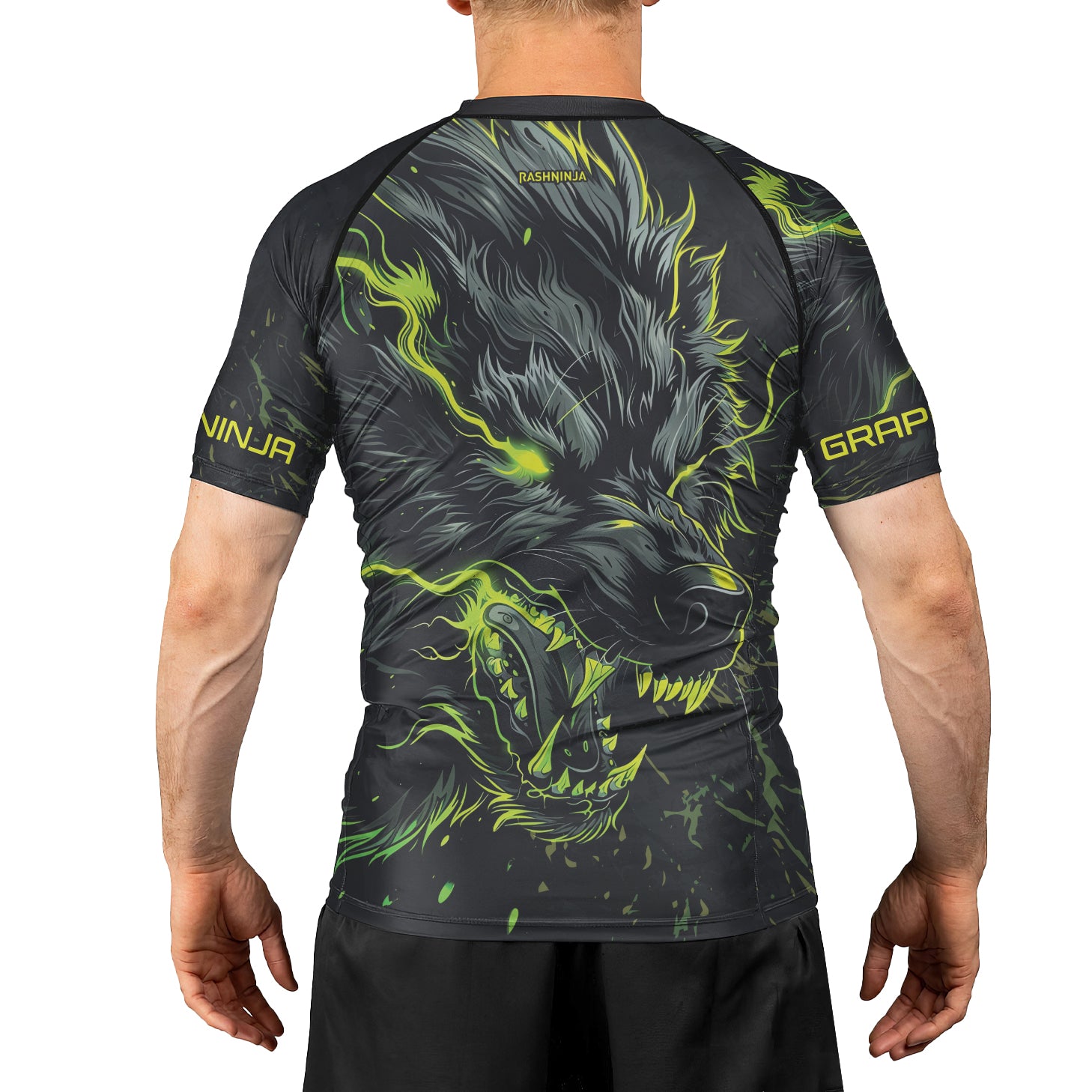 Rashninja Neon Snarling Wolf Men's Short Sleeve Rash Guard |Rash Guard