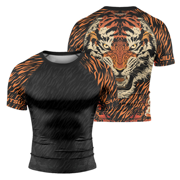 Rashninja Tiger Stripes Black Orange Men's Short Sleeve Rash Guard | MMA