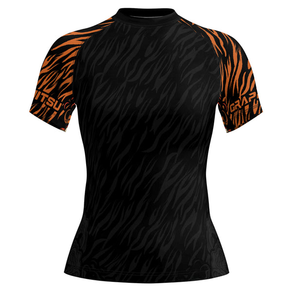 Rashninja Tiger Stripes Black Orange Women's Short Sleeve Rash Guard