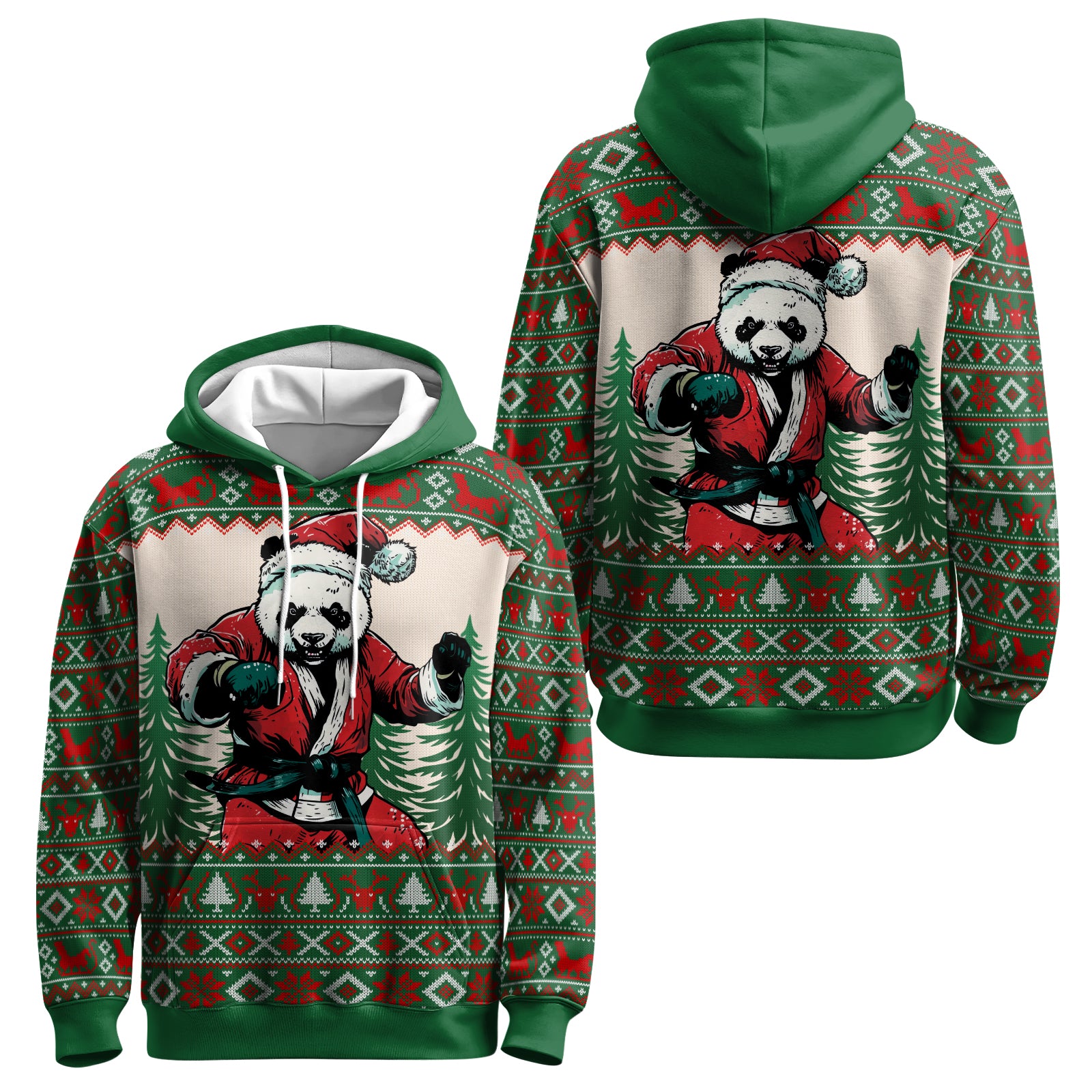 Rashninja Green Christmas Panda Kung Fu AOP Hoodie | Panda AOP Hoodie
