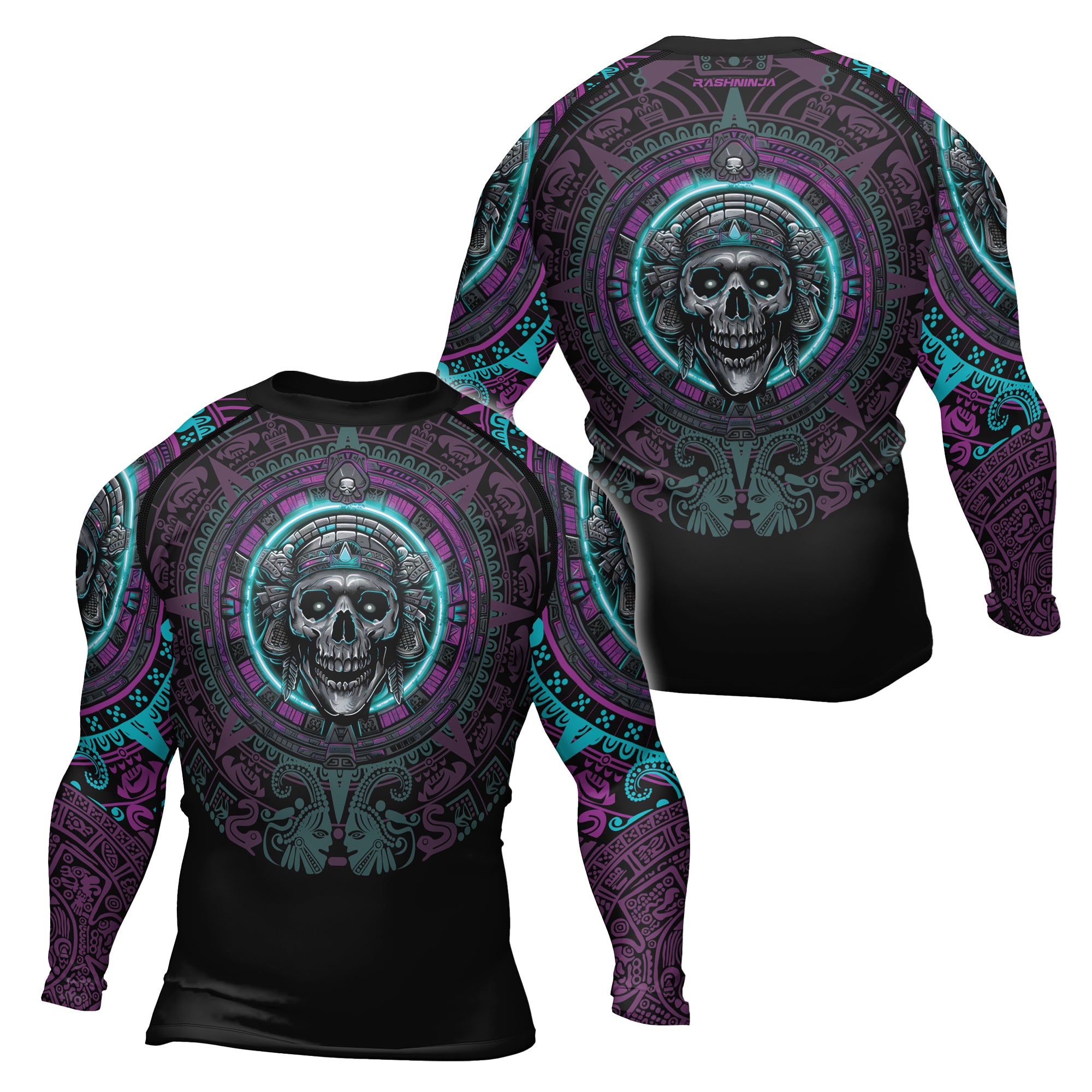 Rashninja Aztec Sun Stone Skull Men's Long Sleeve Rash Guard | Aztec